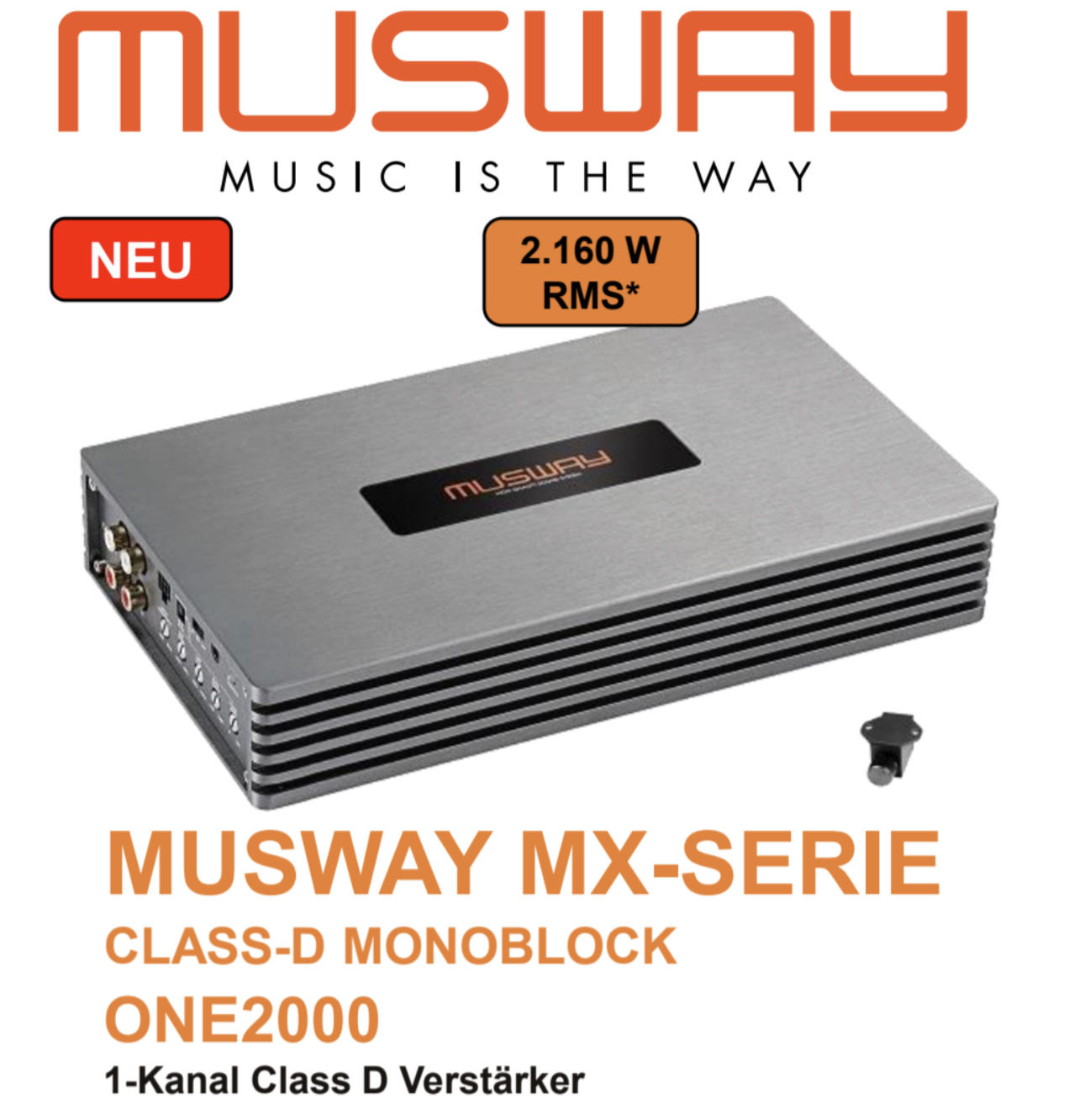 Musway ONE2000 1-Kanal Class D Mono Verstärker 2000 Watt RMS mit Basspegel Fernbedienung